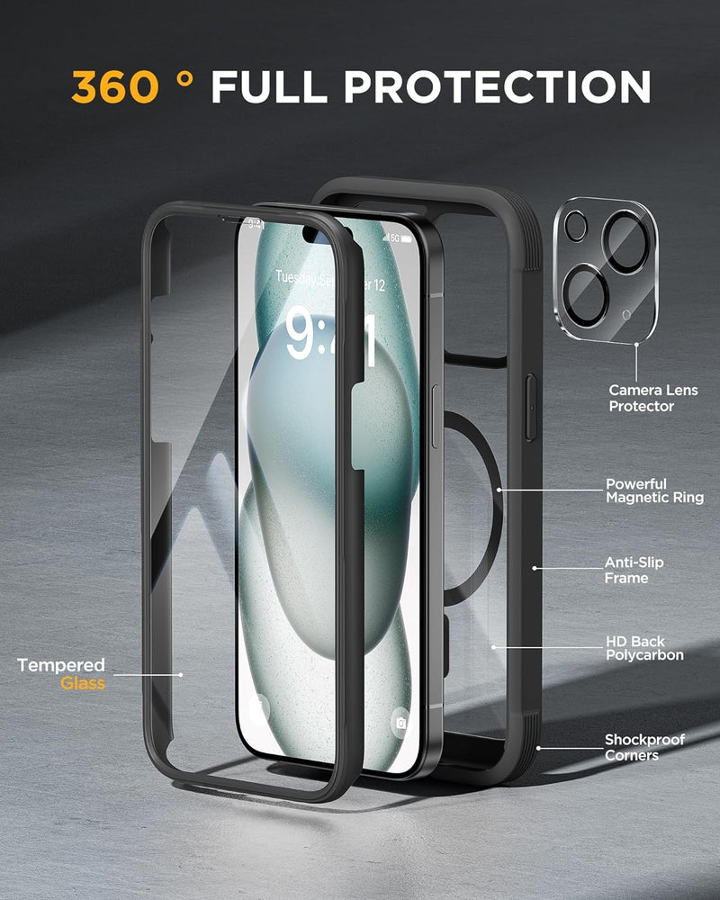 iPhone 15 360° Protection Case [BLACK] : Front Screen + Back Cover + C