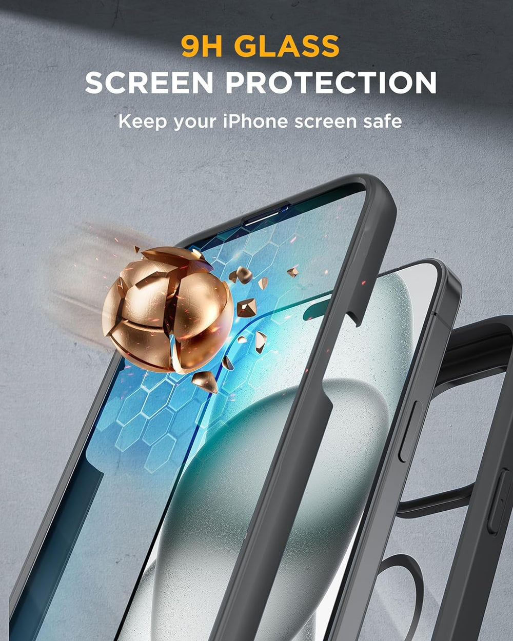 iPhone 15 360° Protection Case [BLACK] : Front Screen + Back Cover + C
