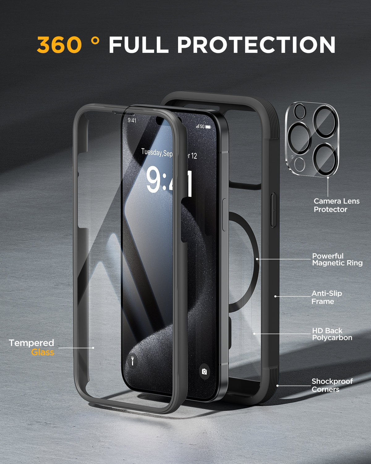 iPhone 15 Pro 360° Protection Case [BLACK] : Front Screen + Back Cover