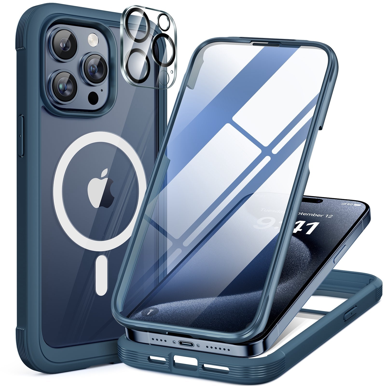 iPhone 15 Pro Max 360° Protection Case [BLUE] : Front Screen + Back Co